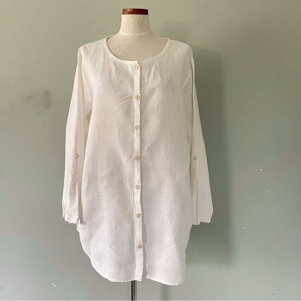FLAX Irish Linen Cover Story white button top Tunic s… - Gem